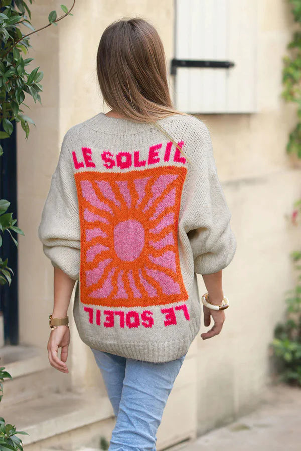 Cream Chunky Knit Sweater with Vibrant Sun Embroidery - Horizons Lointains